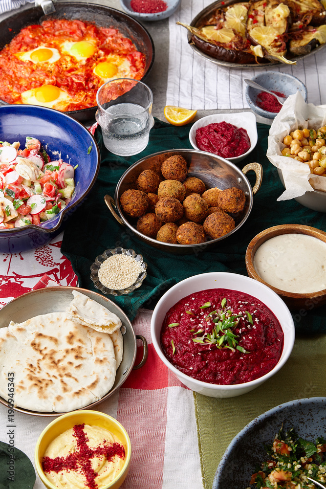 Overhead image of traditional jewish and middle eastern food: falafel ...
