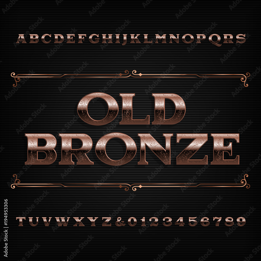 Vintage bronze alphabet font. Scratched letters and numbers. Stock ...