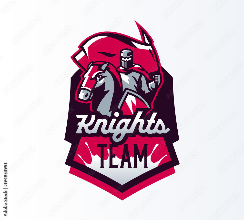 Emblem, logo, sticker, knight with flag on horseback. Crusader ...