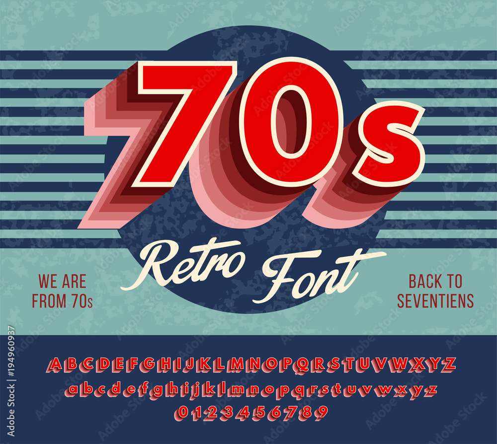 Retro alphabet with a harsh color gradation effects. Red font from 70's ...