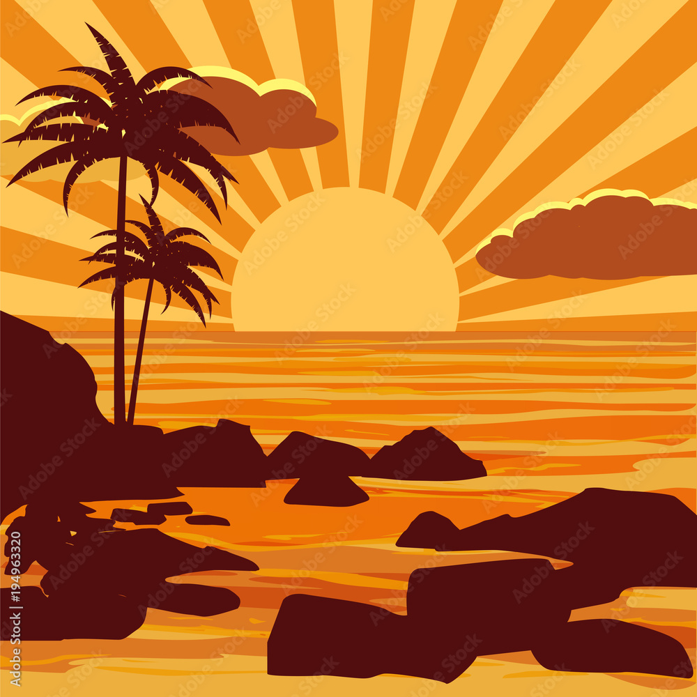 Tropical beautiful sunset, landscape, palms, sea, stones, vector ...