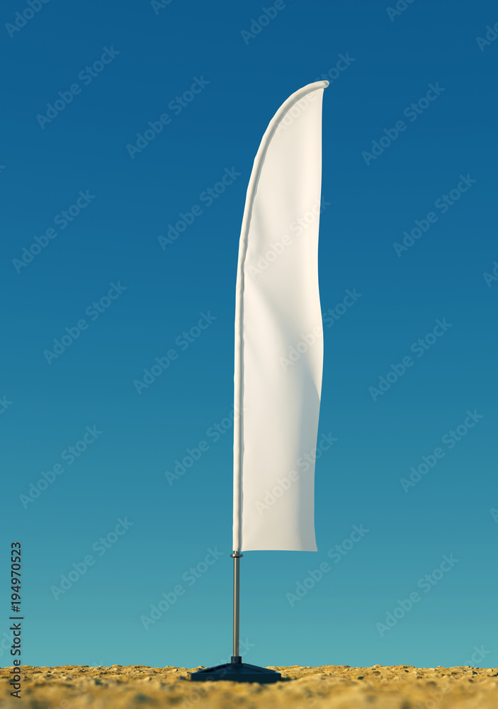 3d rendered mockup blank template of white empty beach flags against a ...