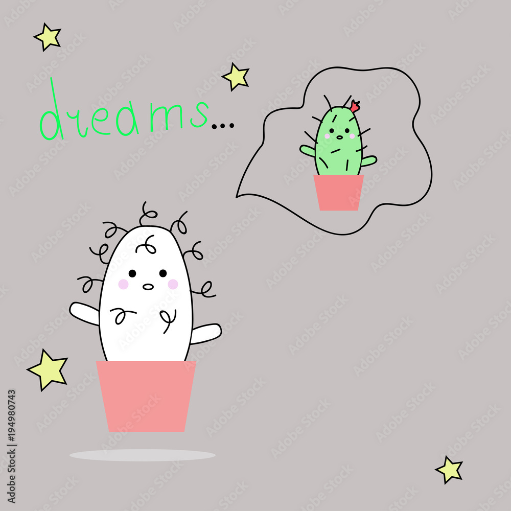 Cute cartoon cactus and juicy with a funny face sticker. White curly ...