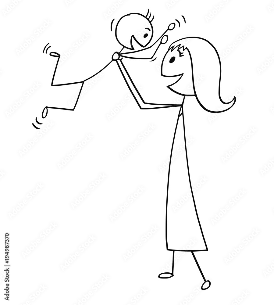 Cartoon stick man drawing conceptual illustration of mother and son ...