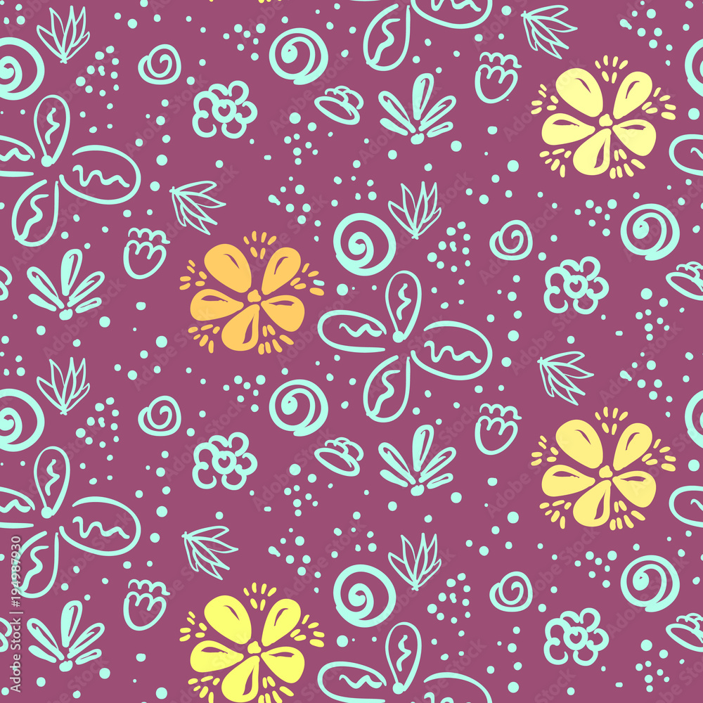 Cute violet doodle floral seamless pattern with outline blue and yellow ...