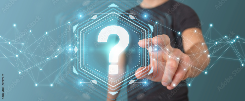 Businessman using question marks digital interface 3D rendering Stock ...