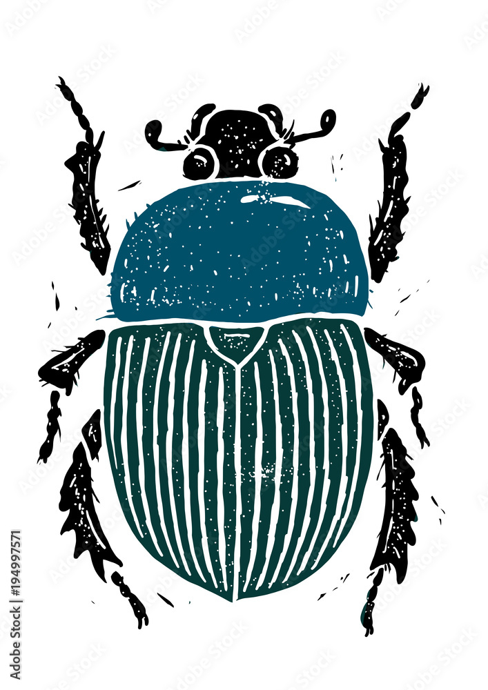 Scarab beetle linocut linocut illustration, draw, ink, vector Stock ...