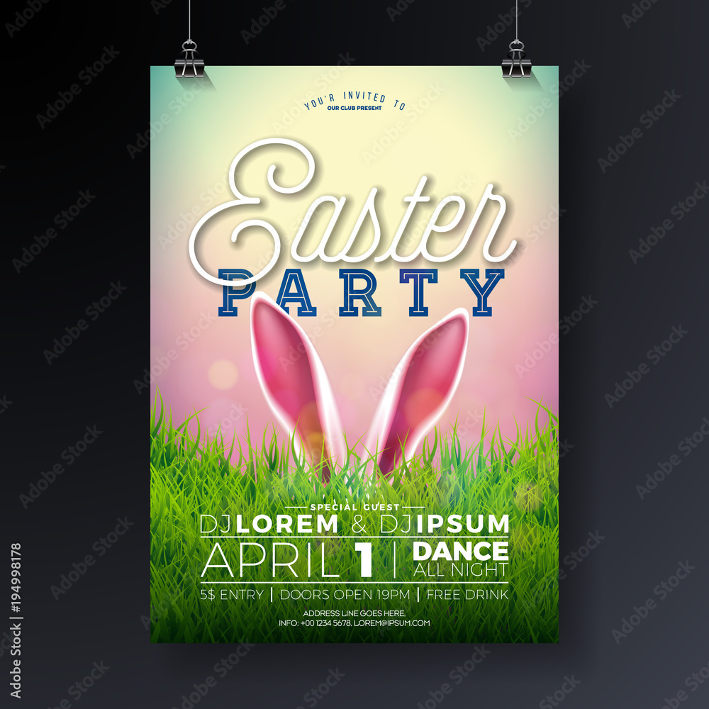 Vector Easter Party Flyer Illustration with rabbit ears and typography ...