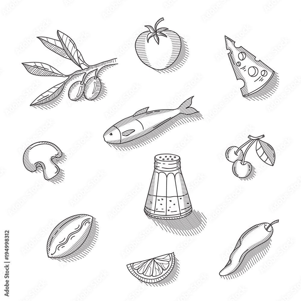 Linear graphic food sketch. Retro vintage style food design. Hand drawn ...