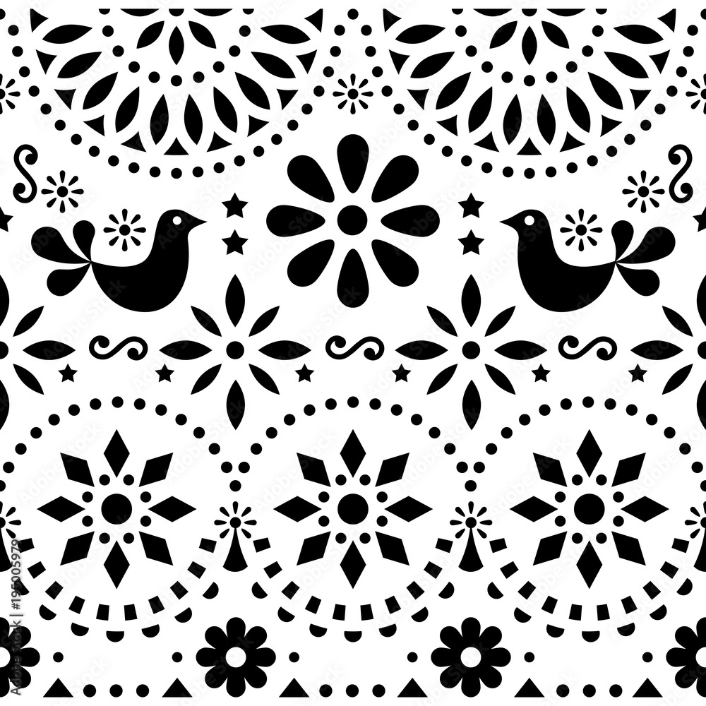 Mexican folk art vector seamless pattern with birds and flowers, black ...