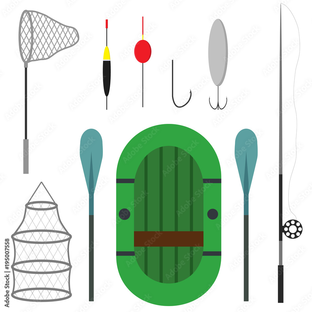 Differeent fishing equipment icons isolated on white background ...