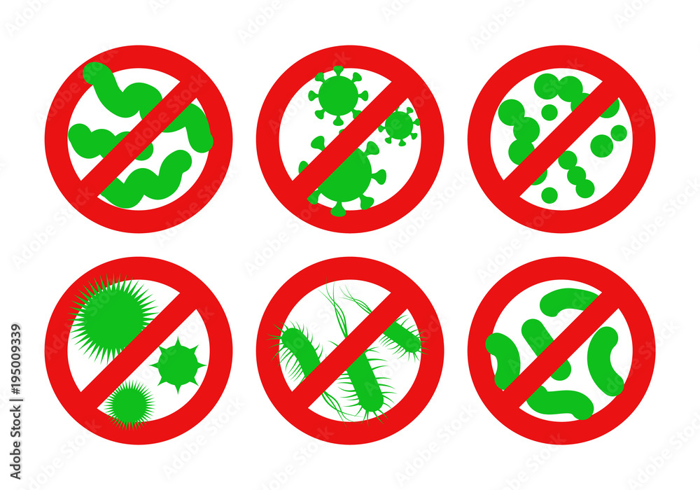 Antibacterial sign. Stop bacteria red alert circle with germs. Vector ...