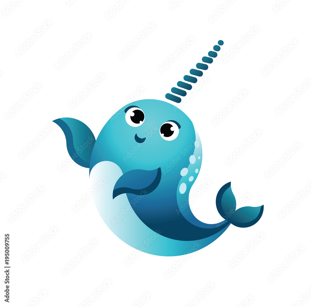 Cartoon happy smiling narwhal.Funny kawaii character isolated set. flat ...