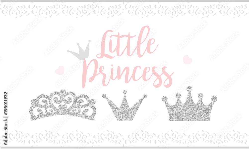 Pink text Little Princess on white background with lace. Cute silver ...