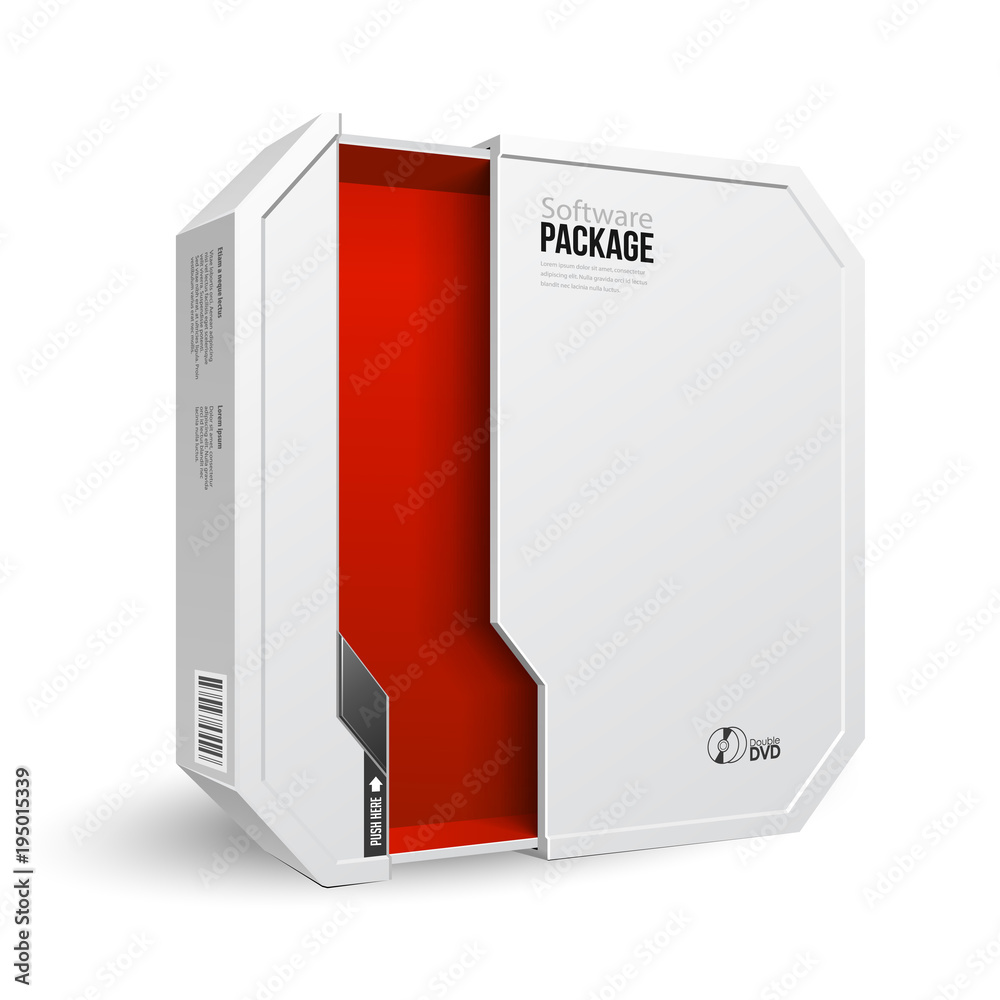 Opened Octagon Modern White Software Package Box, Red Inside. Mock Up, Template. Illustration ...