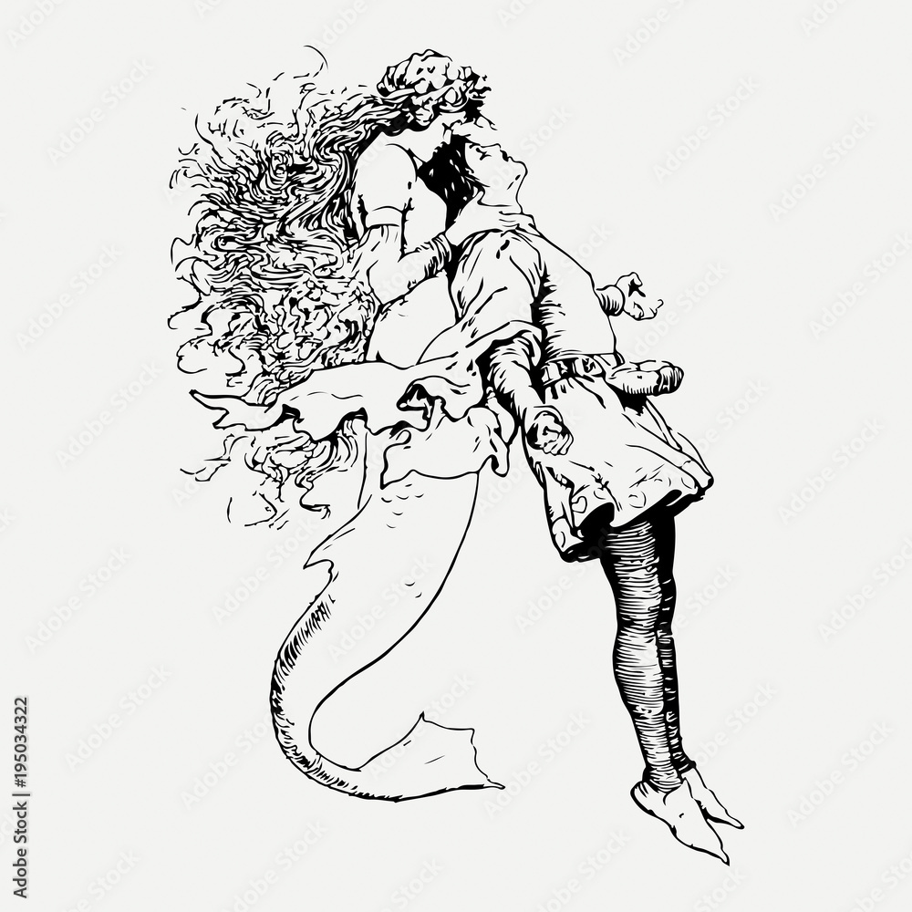 Mermaid with a man hand drawn ink sketch illustration. Stock Vector ...