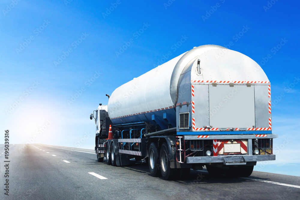 Gas Truck on highway road with tank oil container, transportation ...