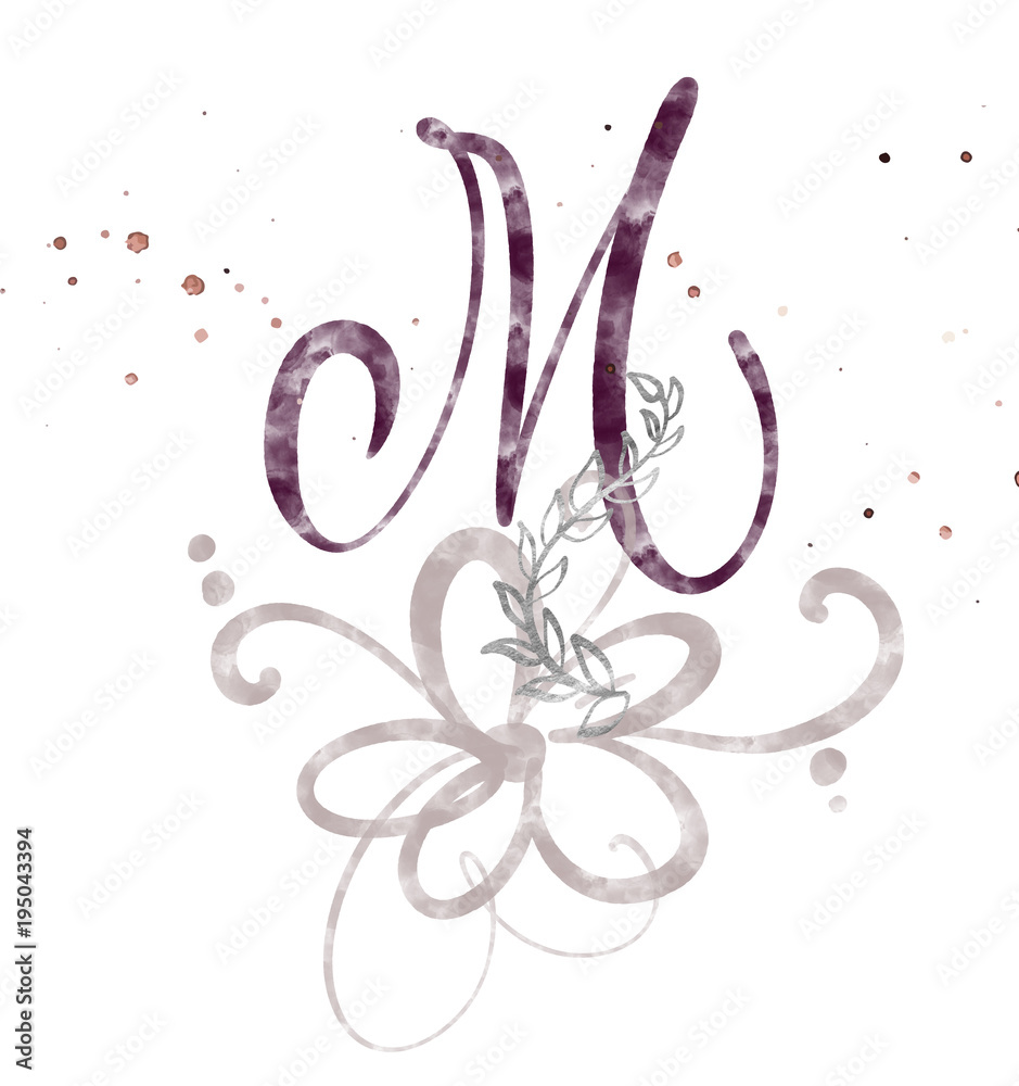 Hand drawn calligraphy letter M. watercolor Script font. Isolated ...