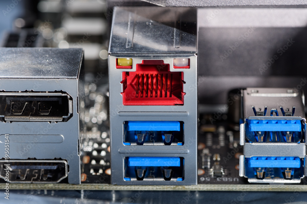 Tower with USB 3.0 and LAN ports on a modern computer mainboard Stock ...