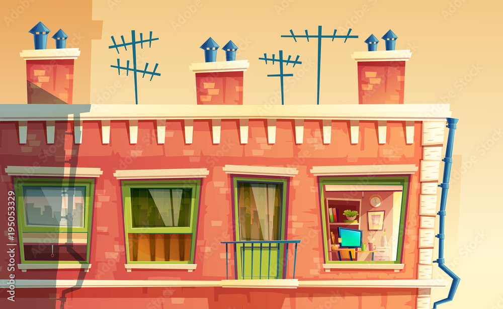 Vector illustration of facade multi-storey apartment, home outside ...