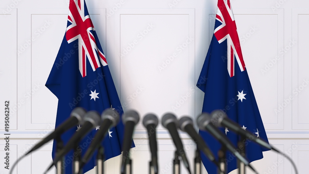 Australian official press conference. Flags of Australia and ...