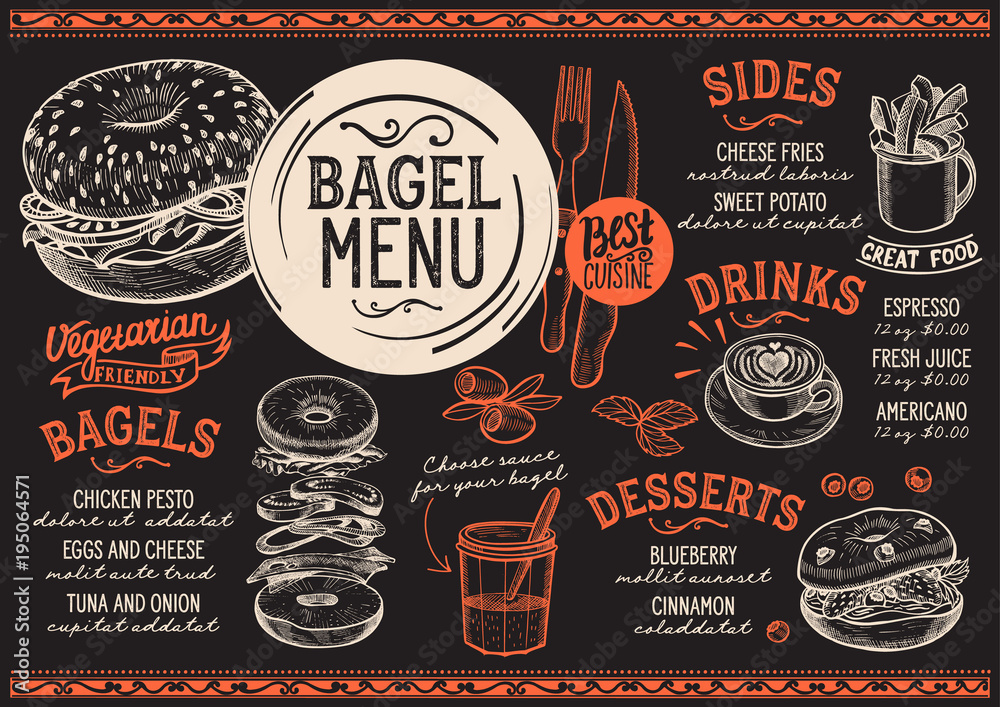 Bagels restaurant menu. Vector sandwich food flyer for bar and cafe ...