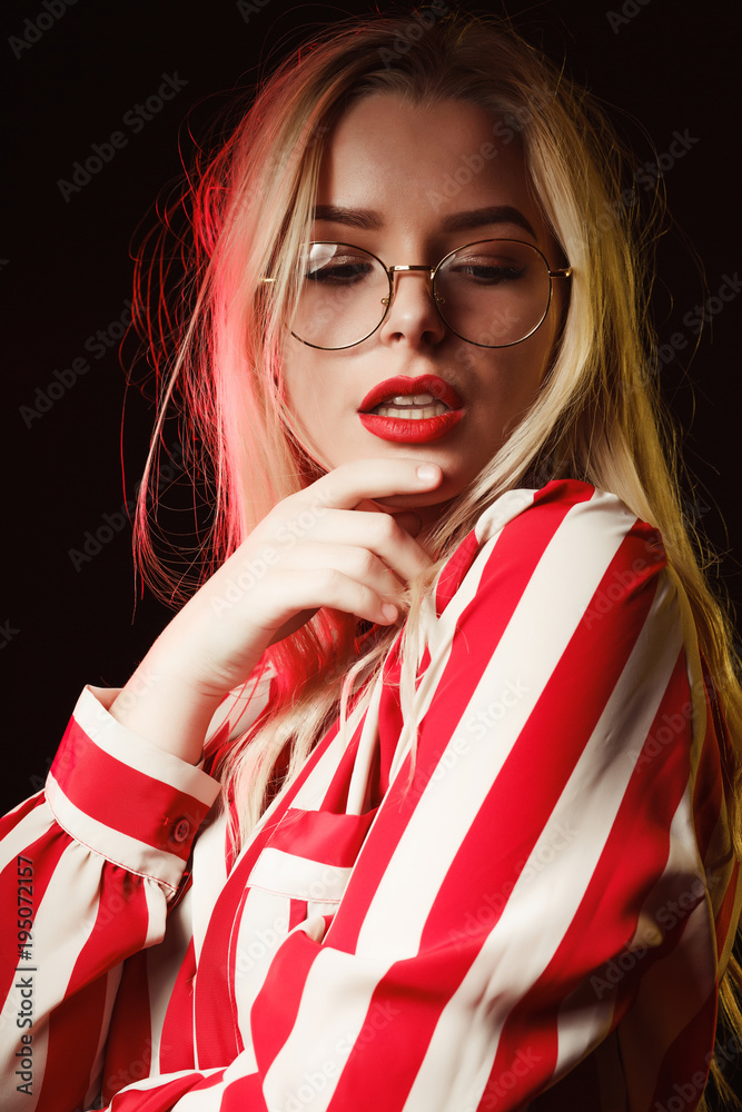 Luxurious Young Woman With Red Lips Wearing Glasses Posing With