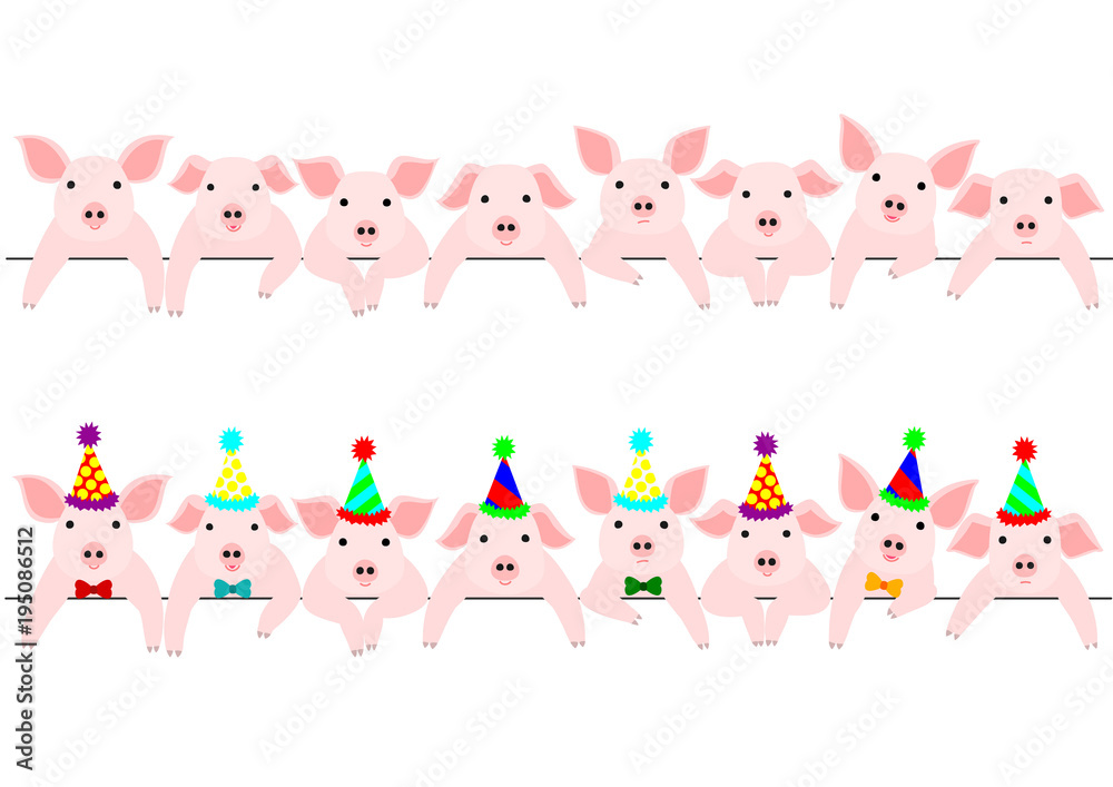 little pigs border set, with and without party hats Stock Vector ...