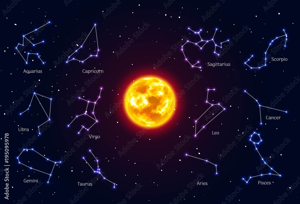 Sun surrounded zodiac signs, night sky background, realistic. Heavenly ...