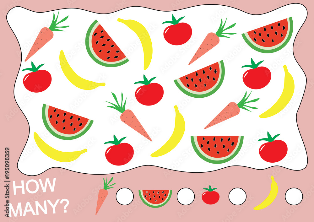 Mathematical game for preschool children. Count how many fruits ...