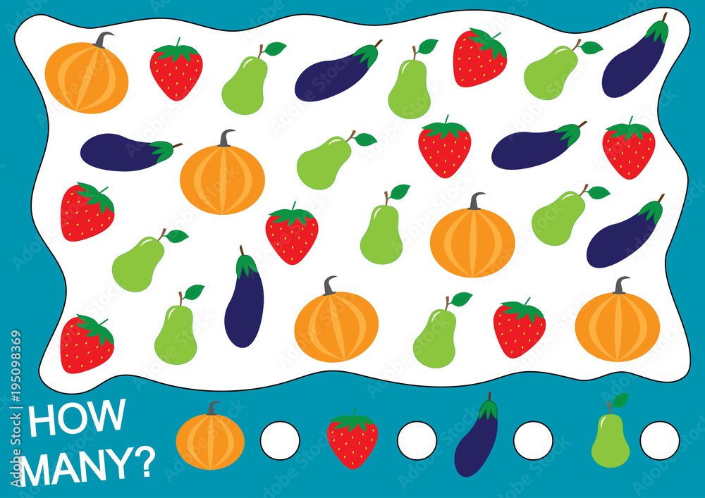 Count how many fruits, berries and vegetables (pear, strawberry ...