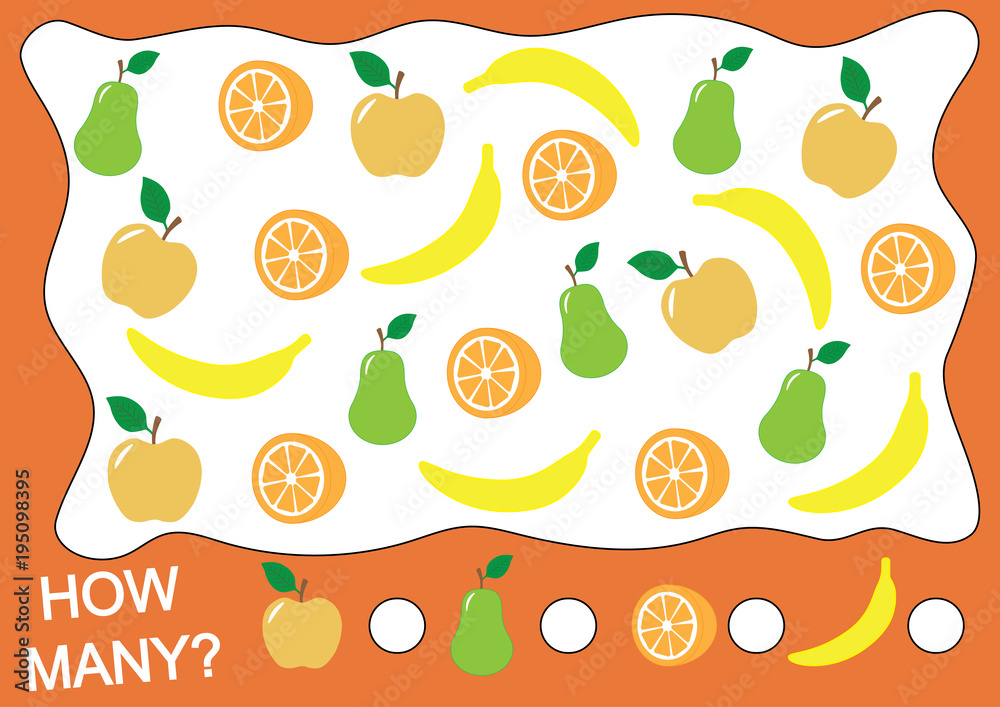 Counting educational game for children. How many fruits (apple, pear ...