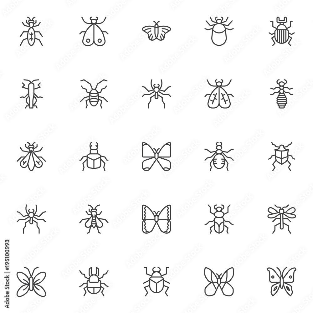 Insects and bugs outline icons set. linear style symbols collection ...