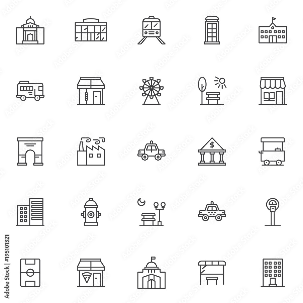 Urban buildings outline icons set. linear style symbols collection ...