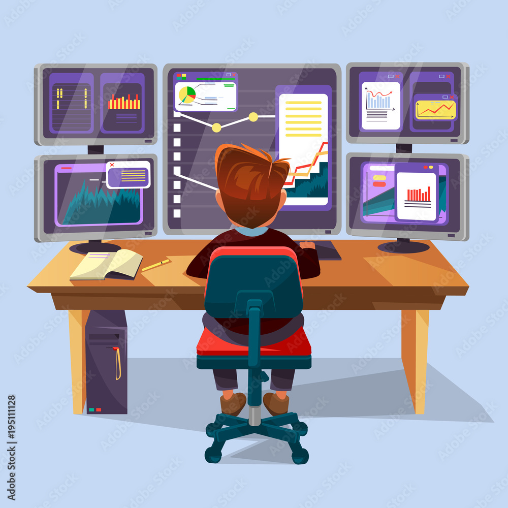 Vector cartoon male trader, financial, data analyst character sitting ... Vector cartoon male trader, financial, data analyst character sitting ...
