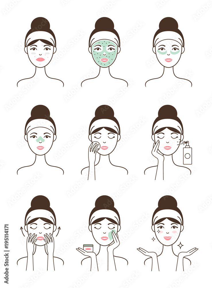 Skin Care Procedure All Stages on Female Model Stock Vector | Adobe Stock