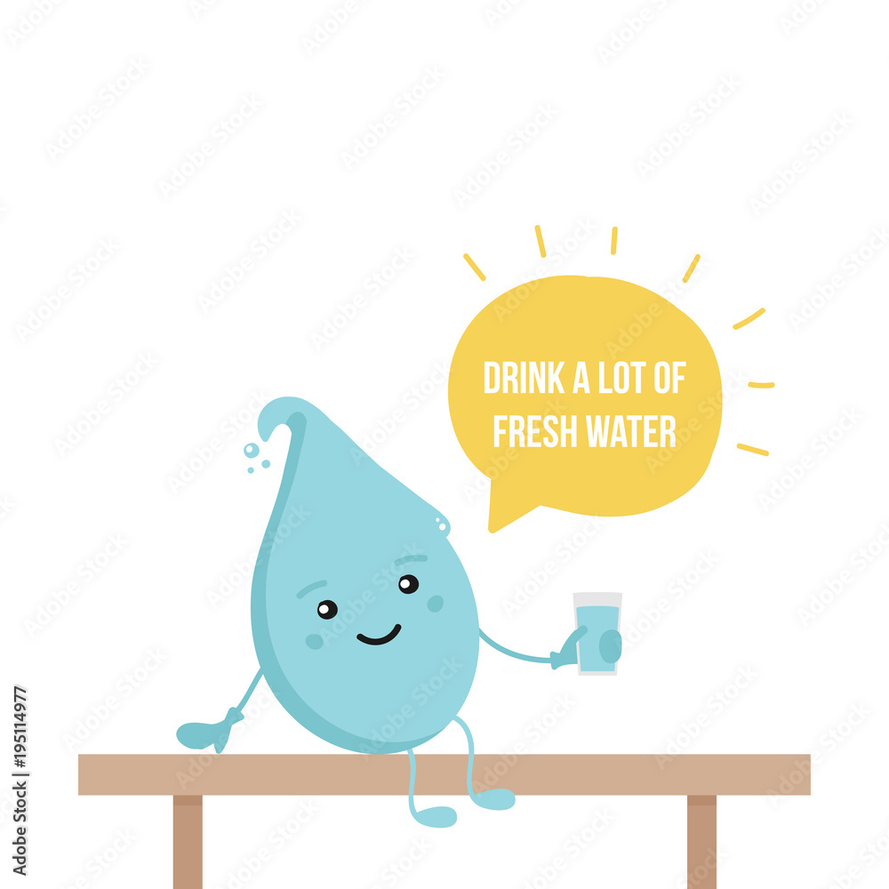 Cute cartoon water drop character holding glass of water in hand and ...