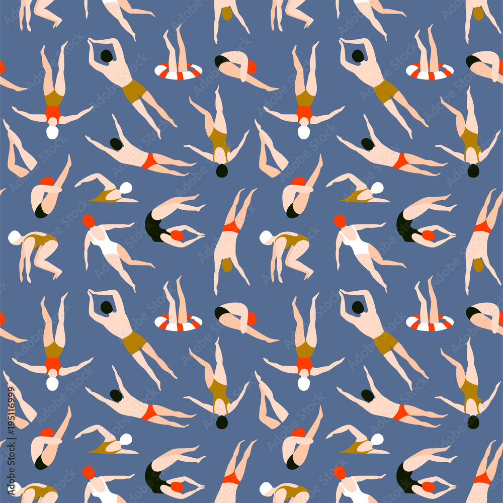People swimming pattern. Summer seamless background. Summertime vector ...