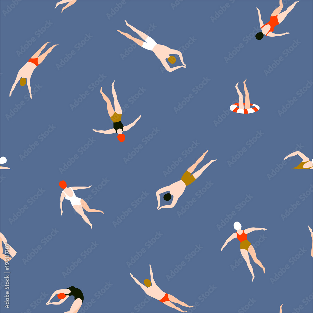 People swimming pattern. Summer seamless background. Summertime vector ...