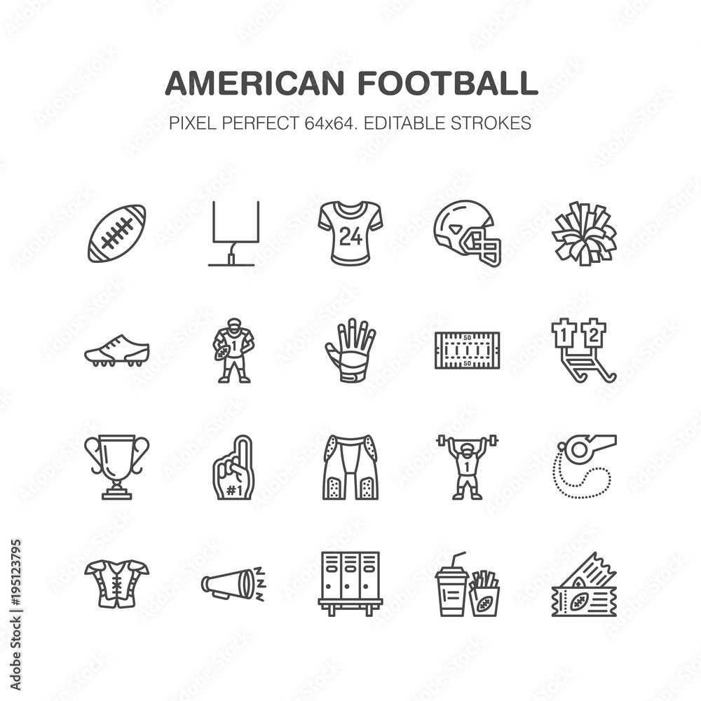 American football, rugby vector flat line icons. Sport game elements ...