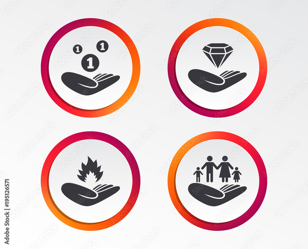 Helping hands icons. Financial money savings, family life insurance ...