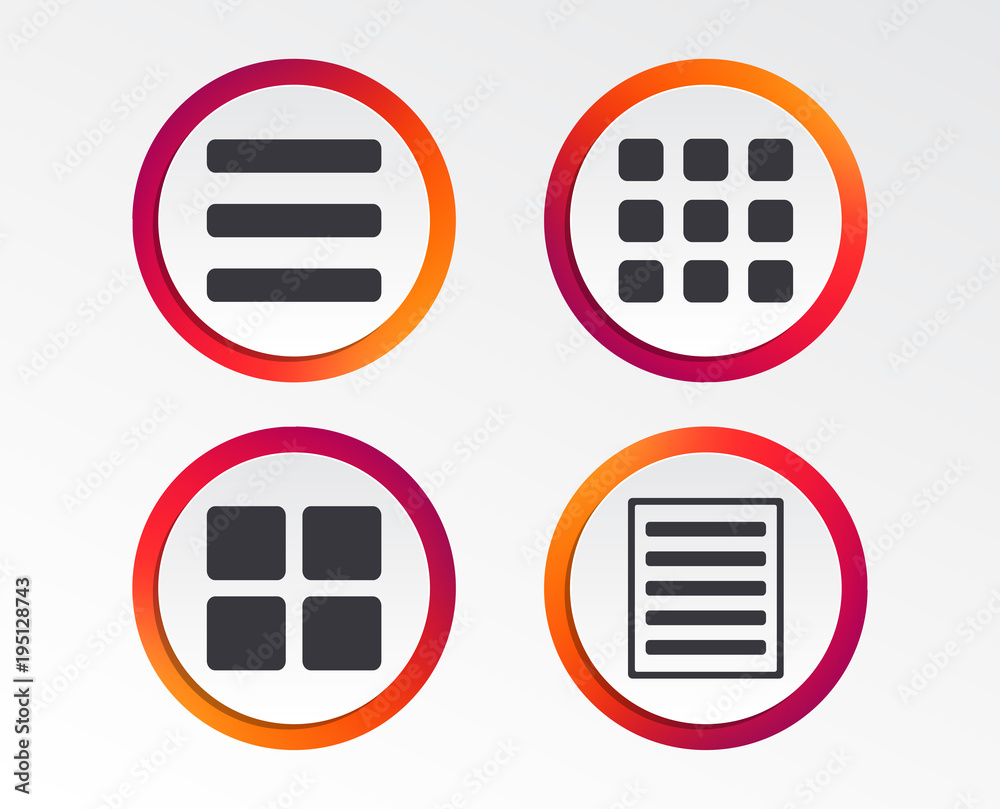 List menu icons. Content view options symbols. Thumbnails grid or ...