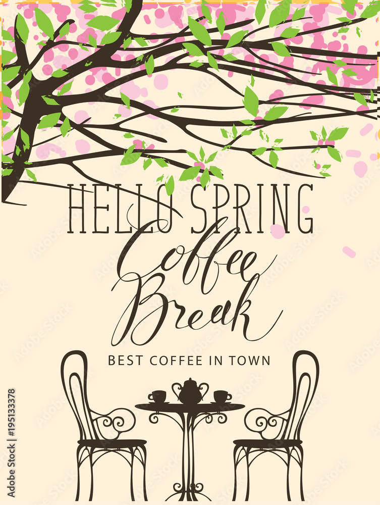 Vector spring landscape at the coffee theme in a retro style ...