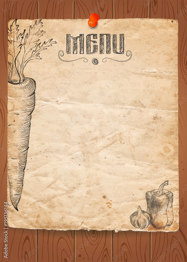 Menu of restaurant with vegetables on old paper and wooden background ...