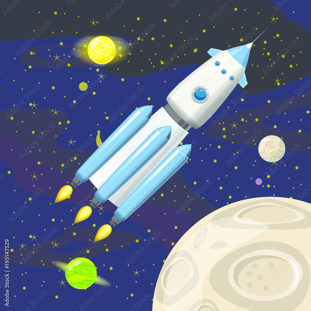 Space rocket launch, spaceship, space background, cartoon style, Vector ...