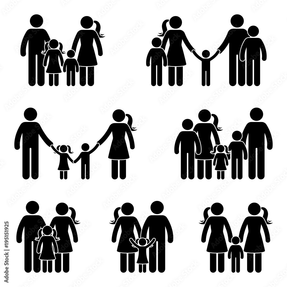 Stick figure family icon set. Vector illustration of people in ...