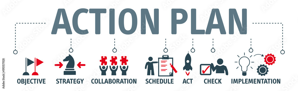 Banner action plan concept vector illustration with keywords and icons ...