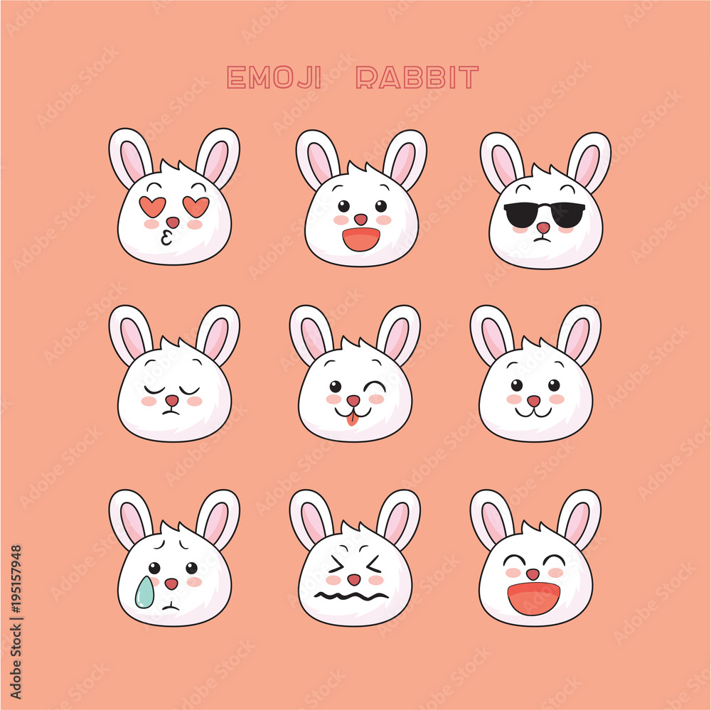 Cute rabbit emoji, bunny smile icons set, art, design, color Stock ...