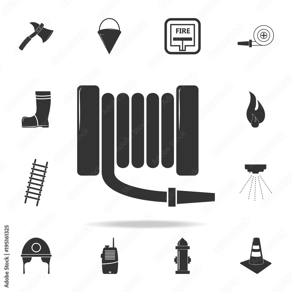 Fire hose icon. Detailed set icons of firefighter element icons ...