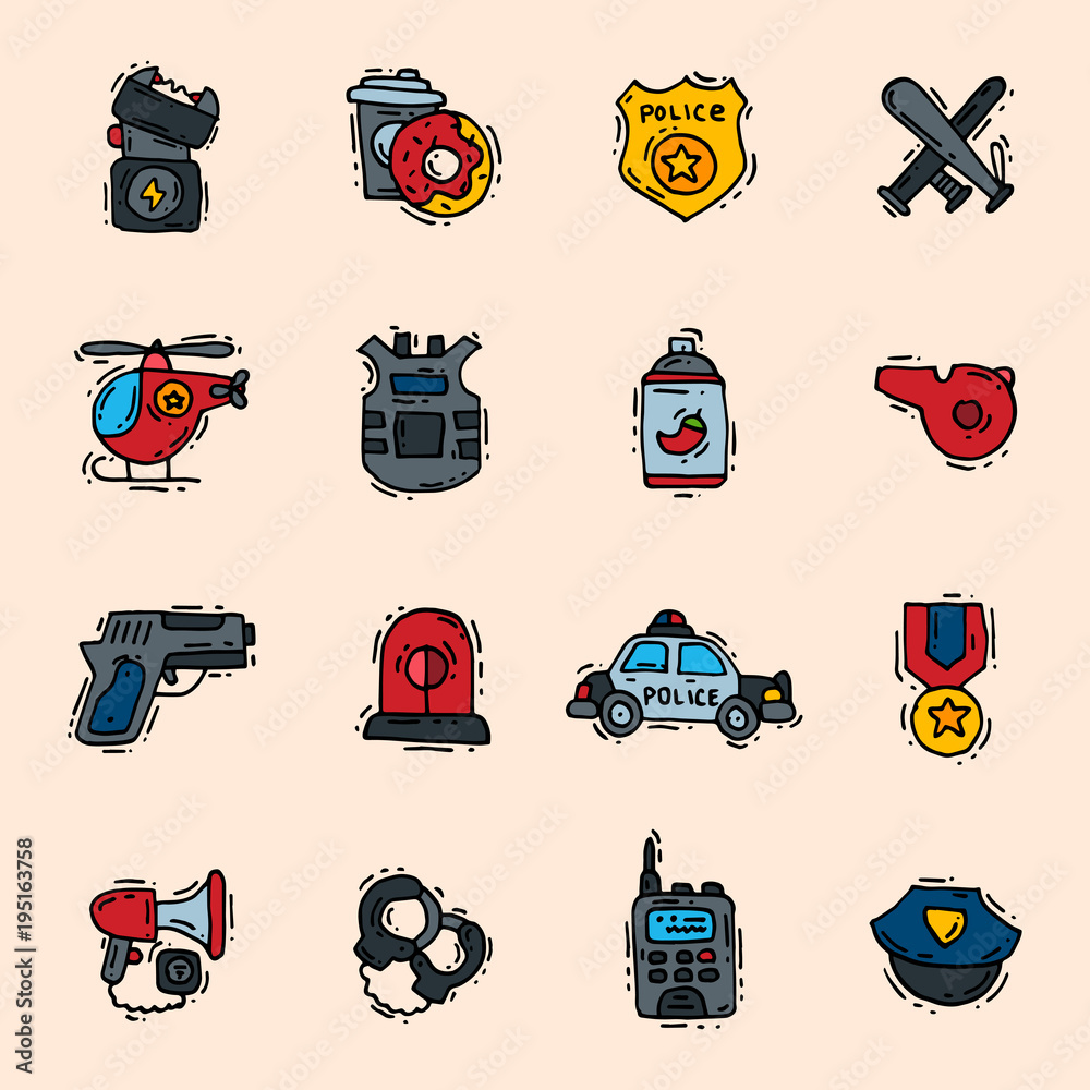 Police icons vector policy signs of policeman or policeofficer and ...